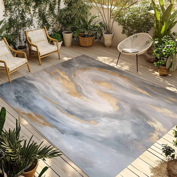 Abstract Marble Texture Outdoor Rug, Grey Gold Gradient Wave Watercolor ...