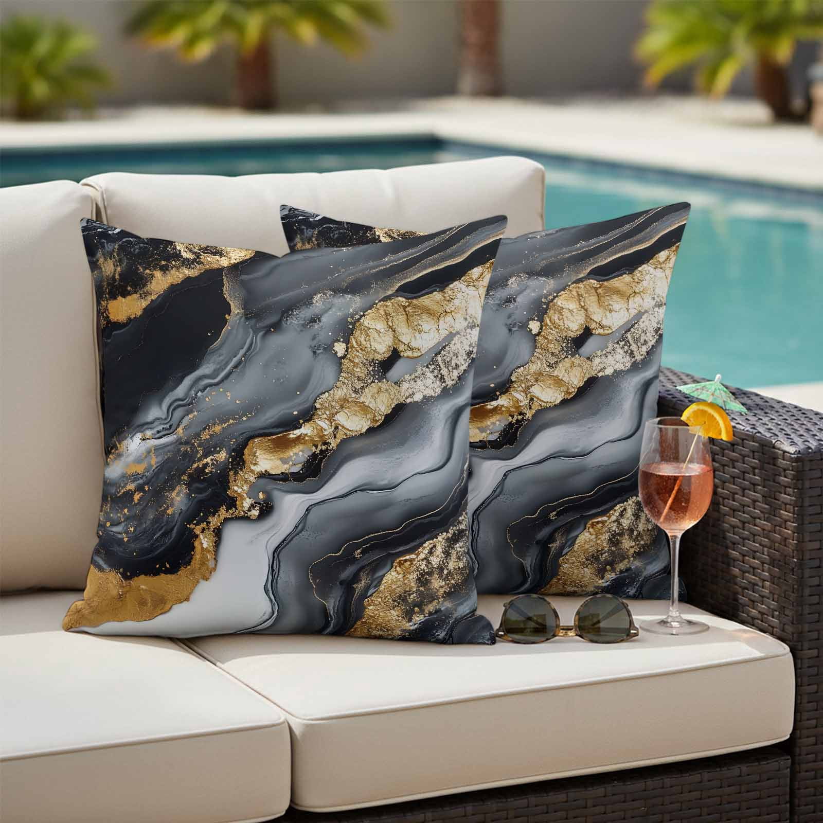 Abstract Marble Texture Outdoor Throw Pillow Covers Set of 2, Black ...