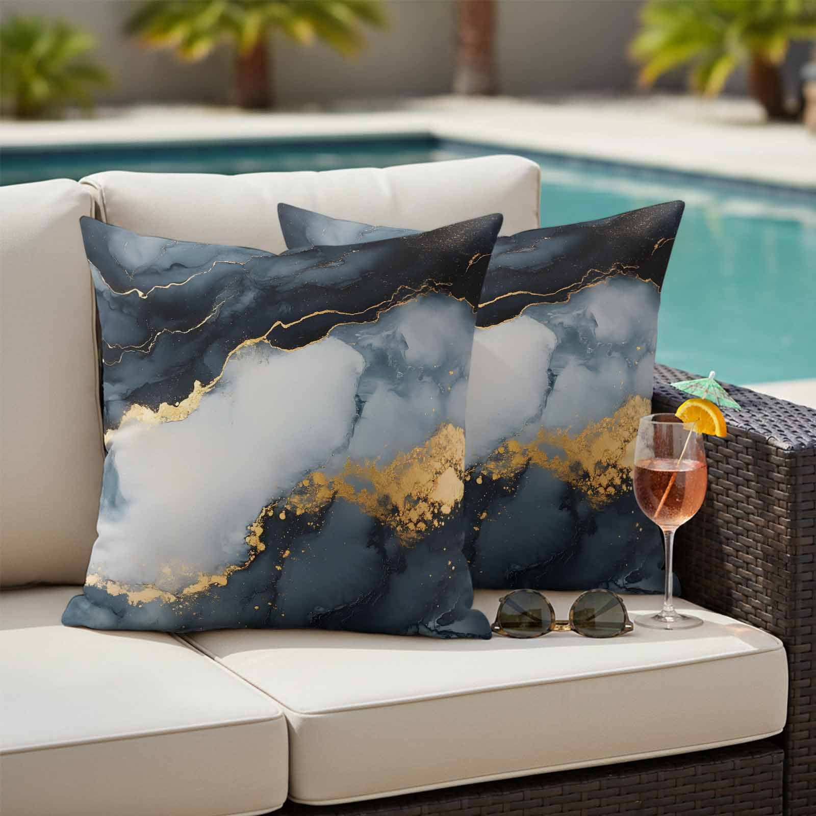 Abstract Marble Texture Outdoor Throw Pillow Covers Set of 2, Black ...
