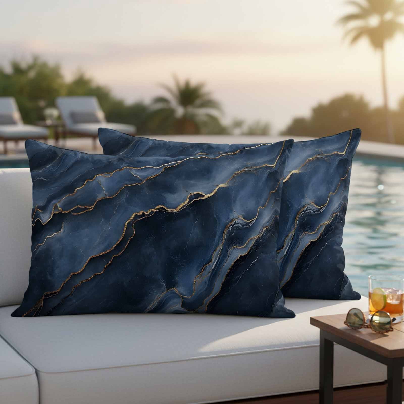 Abstract Marble Texture Outdoor Throw Pillow Covers Set of 2, Deep Blue ...