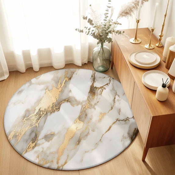 Abstract Marble Texture Pattern Round Rug 3ft Gold White Gradient ...