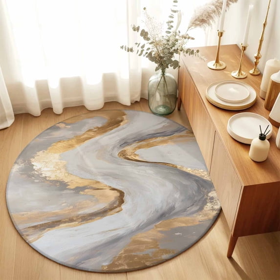 Abstract Marble Texture Pattern Round Rug 3ft Gray Gold Gradient ...