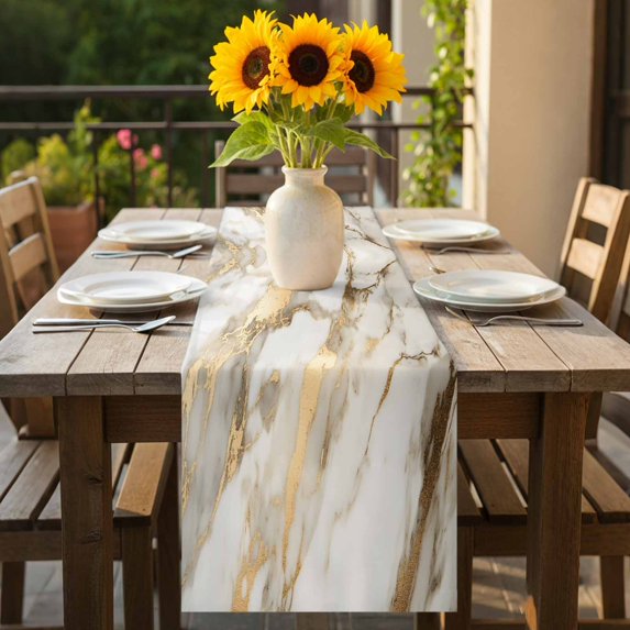 Abstract Marble Texture Pattern Table Runner 90 Inch Long Gold White ...
