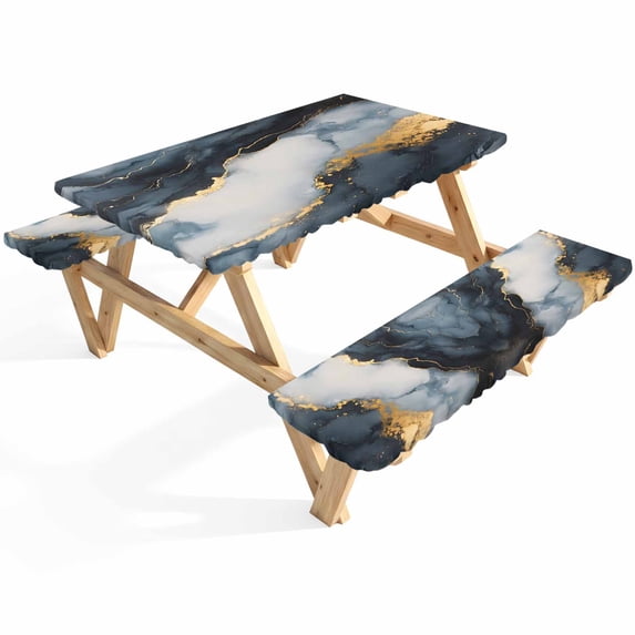 Abstract Marble Texture Picnic Table Cover with Bench Covers Black Gray ...