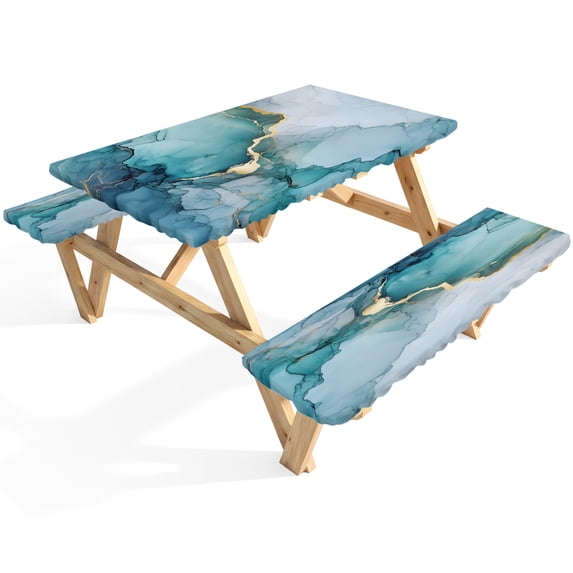 Abstract Marble Texture Picnic Table Cover with Bench Covers Teal Blue ...