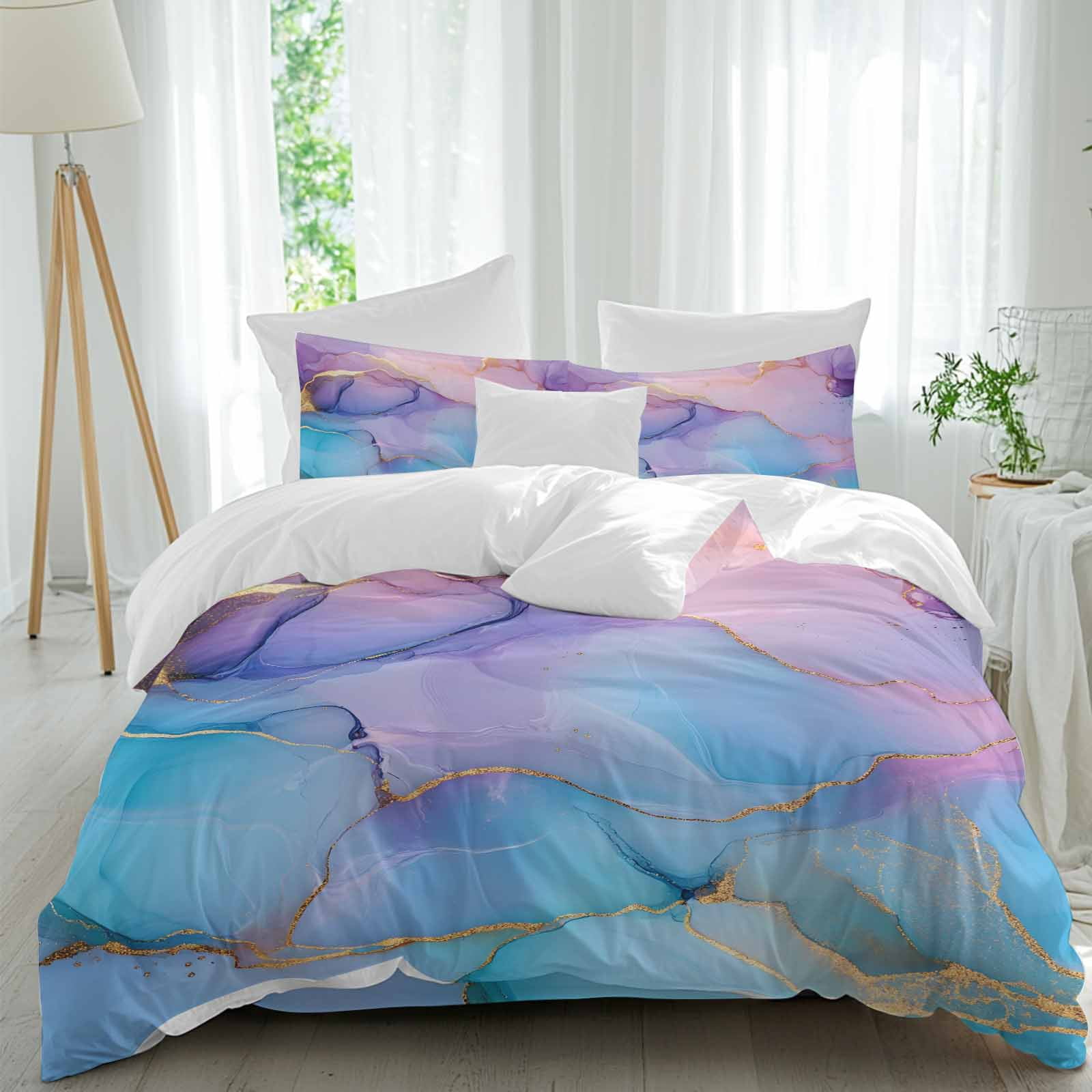 Abstract Marble Texture Queen Duvet Cover Set, Teal Pink Gradient Gold ...