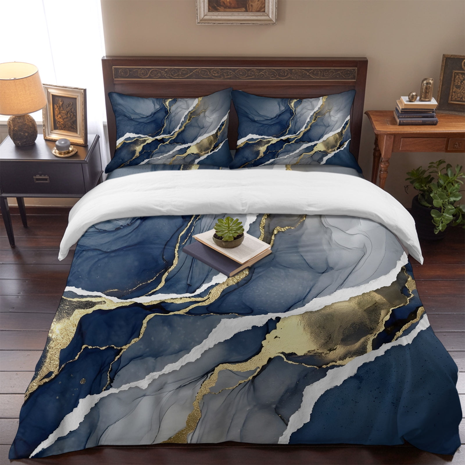 Abstract Marble Texture Queen Size Bed Set,Blue Gold White Bedding for ...
