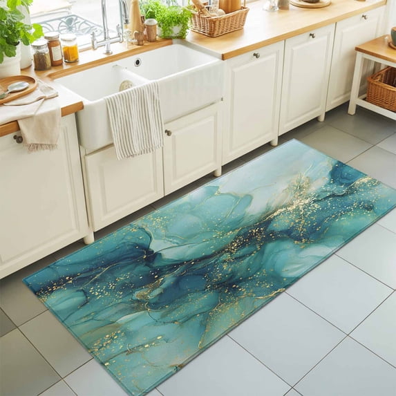 Abstract Marble Texture Rectangle Rug 2'x6' Gold Green Gradient ...
