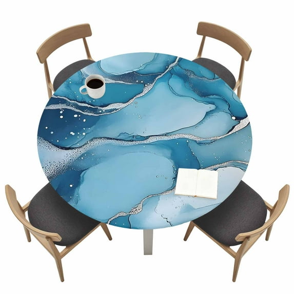 Abstract Marble Texture Round Fitted Tablecloth with Elastic Edge Blue ...