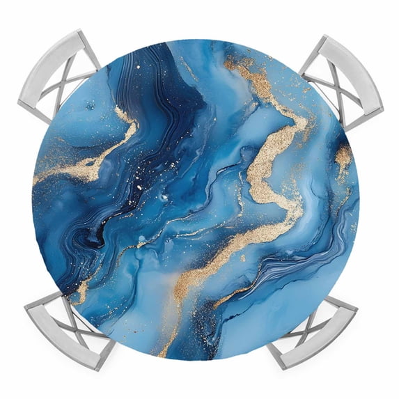 Abstract Marble Texture Round Fitted Tablecloth with Elastic Edge, Blue ...