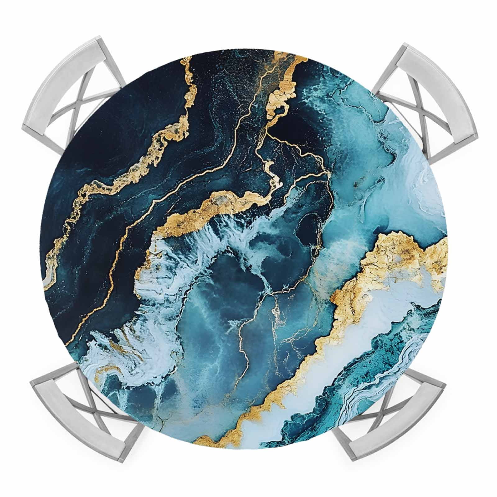 Abstract Marble Texture Round Fitted Tablecloth with Elastic Edge, Blue ...