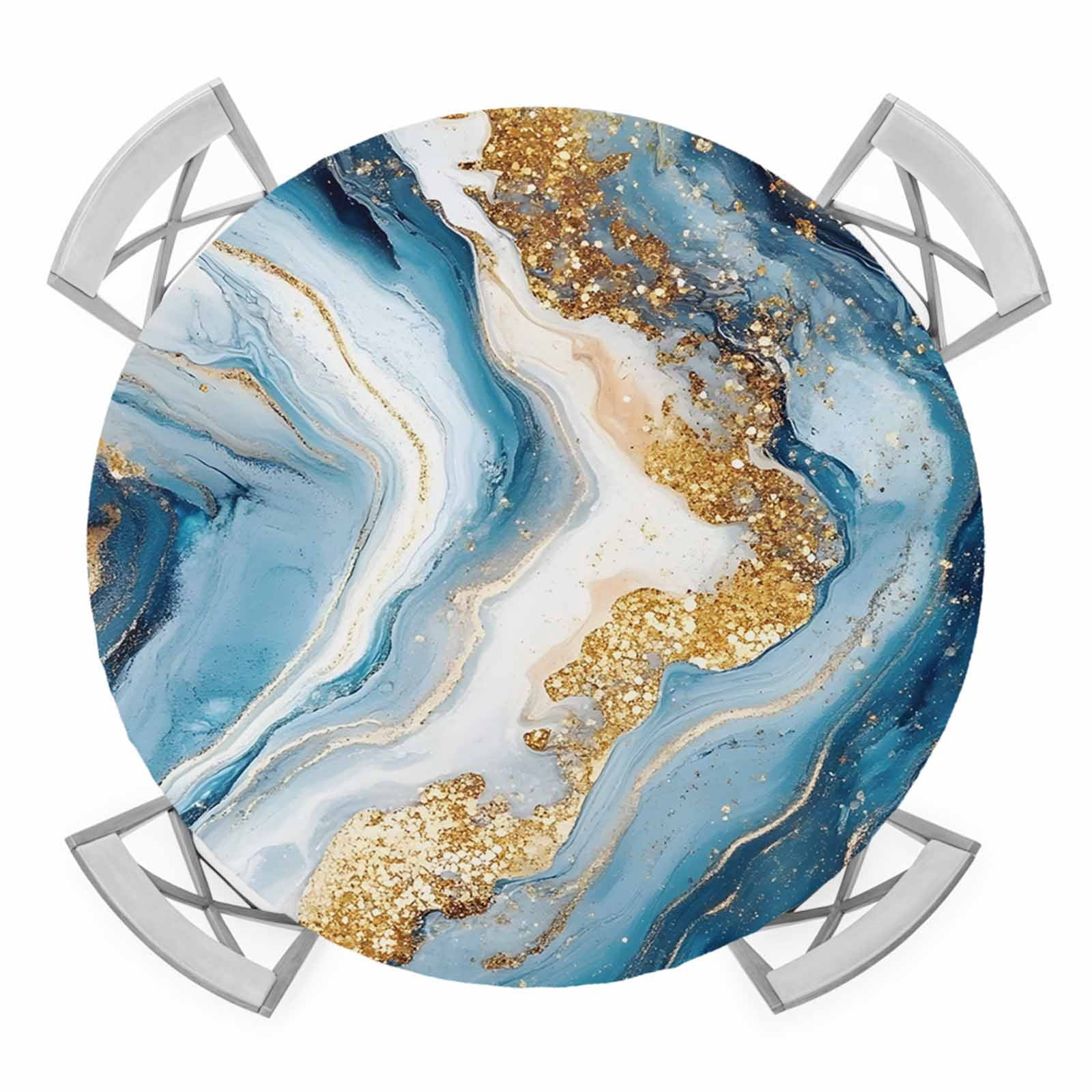 Abstract Marble Texture Round Fitted Tablecloth with Elastic Edge, Blue ...
