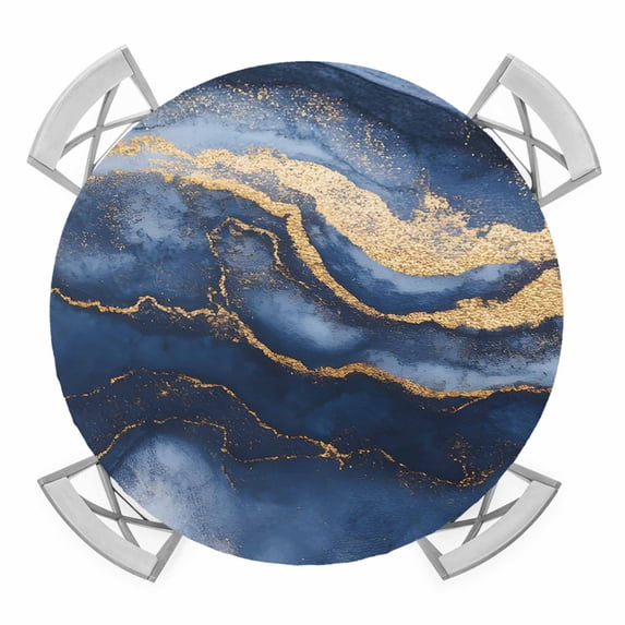 Abstract Marble Texture Round Fitted Tablecloth with Elastic Edge, Blue ...