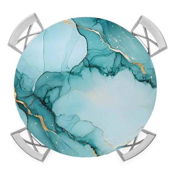 Abstract Marble Texture Round Fitted Tablecloth with Elastic Edge, Teal ...