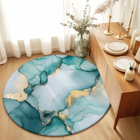 Abstract Marble Texture Round Rug 3ft Green Gold Gradient Washable Area ...