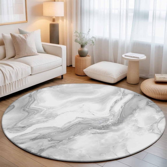 Abstract Marble Texture Round Rug 5ft Modern Gray White Gradient Waves ...