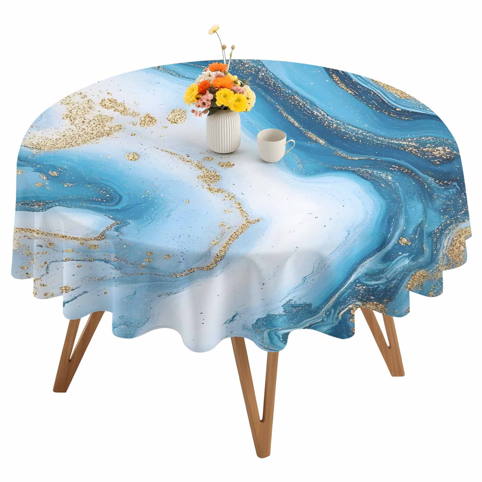 Abstract Marble Texture Round Tablecloth 60 inches Blue Shinny Gold ...
