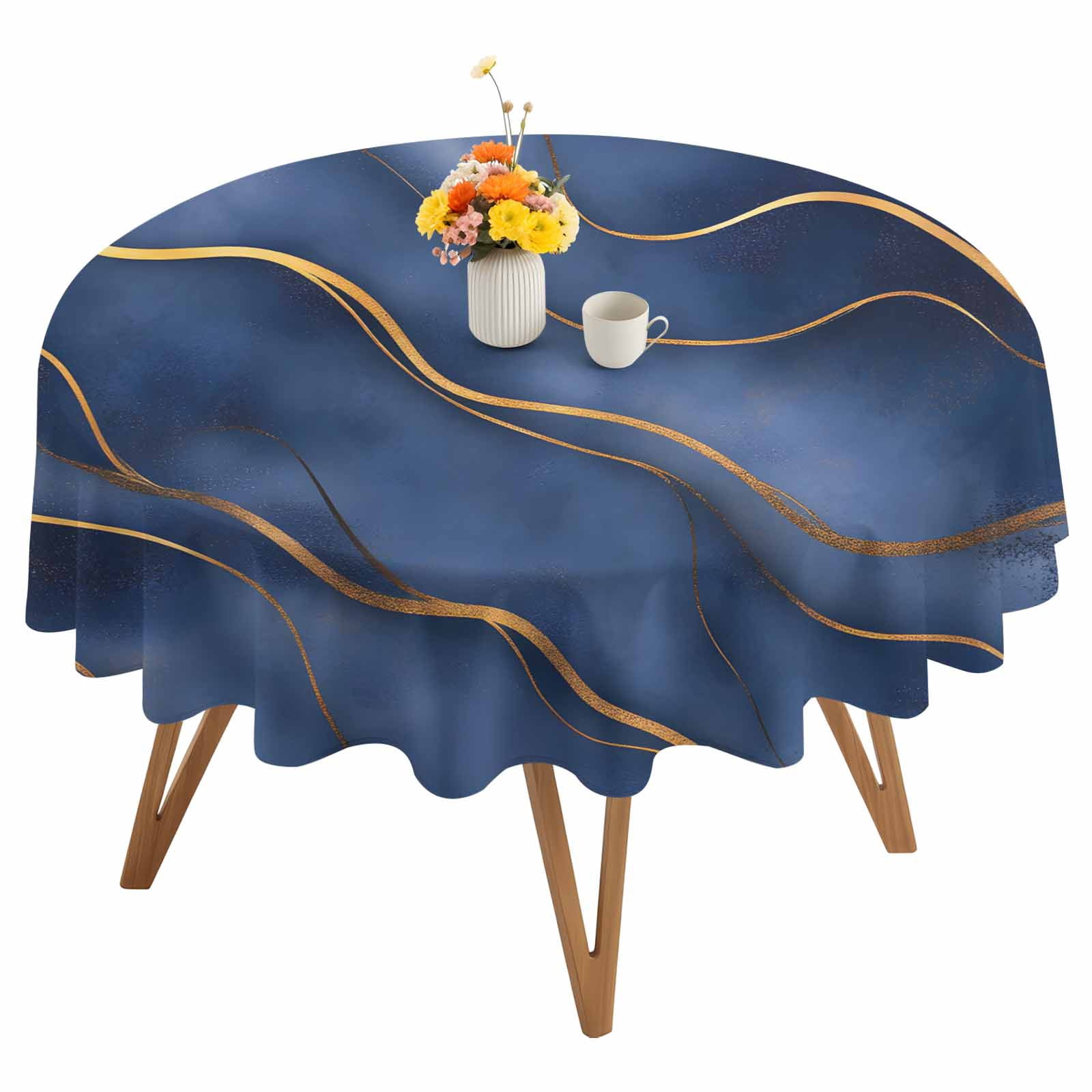 Abstract Marble Texture Round Tablecloth 60 inches Deep Blue Gold Wave ...