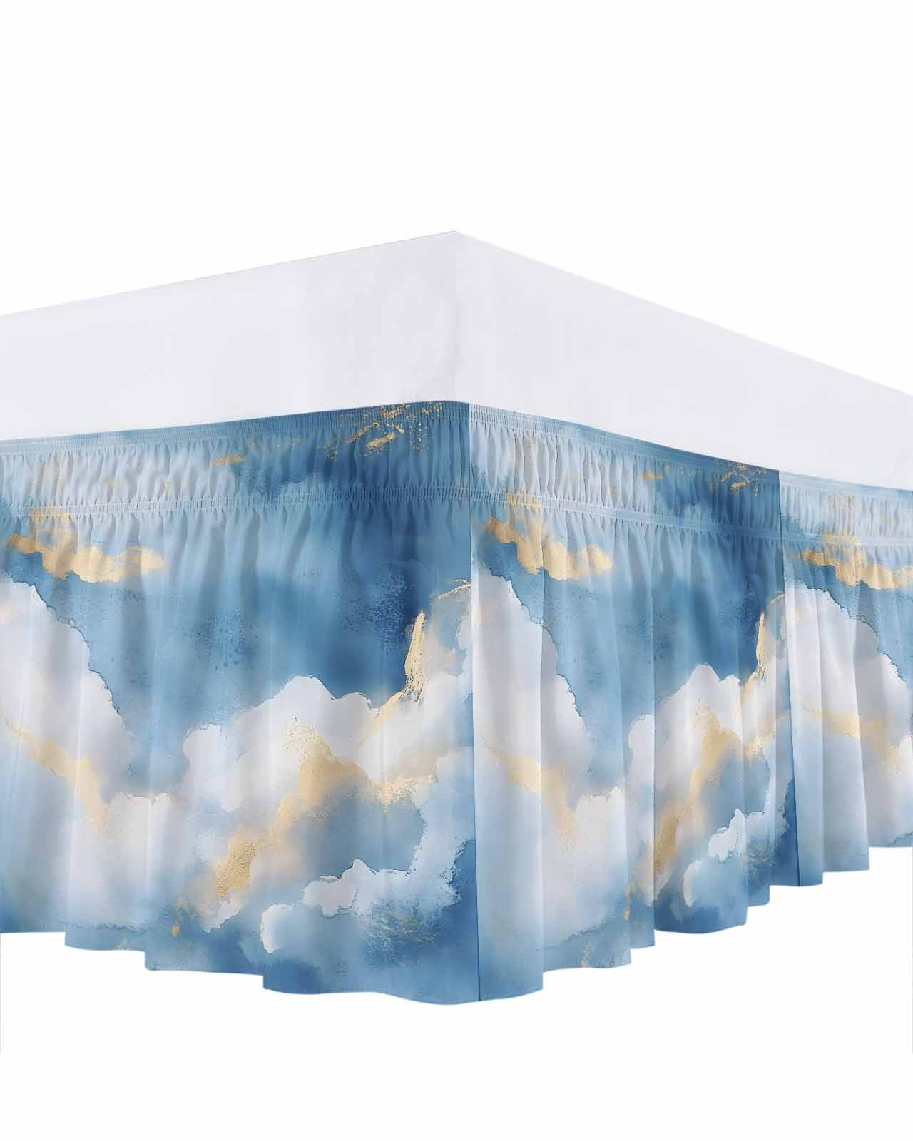 Abstract Marble Texture Ruffle Bed Skirt Queen Size Golden Blue ...