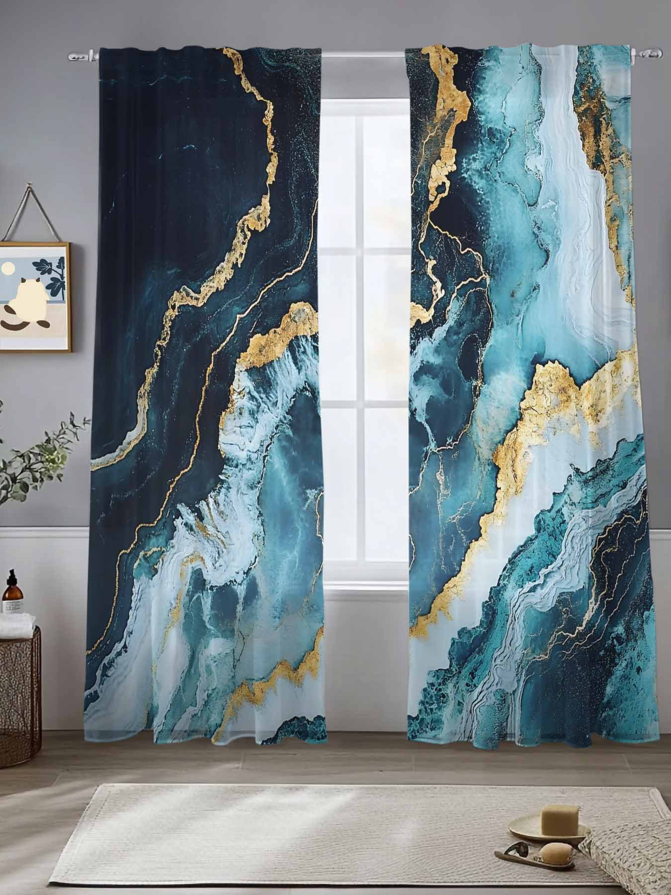 Abstract Marble Texture Sheer Curtains 108 Inches Long 2 Panels Blue ...