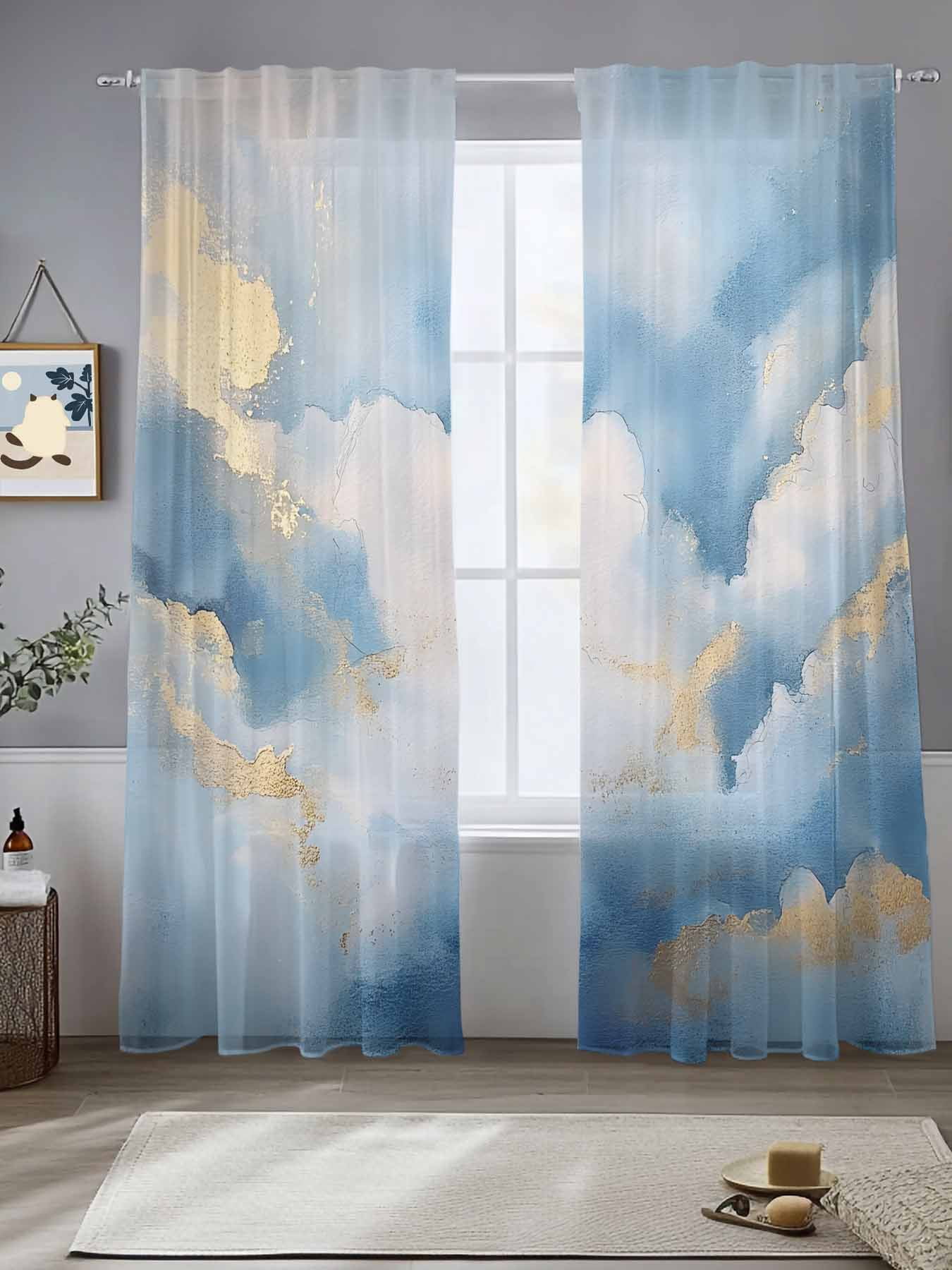 Abstract Marble Texture Sheer Curtains 108 Inches Long 2 Panels Blue ...