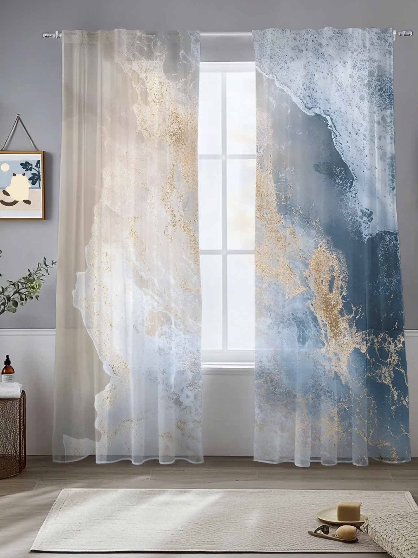 Abstract Marble Texture Sheer Curtains 108 Inches Long 2 Panels Blue ...