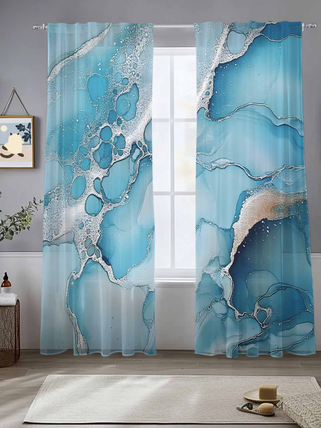 Abstract Marble Texture Sheer Curtains 108 Inches Long 2 Panels Modern ...