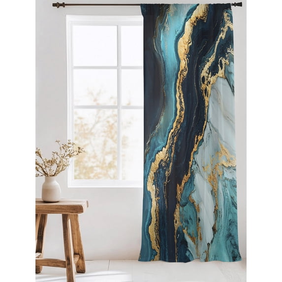Abstract Marble Texture Sheer Curtains 84 Inch Long 1 Panel Teal Gold ...