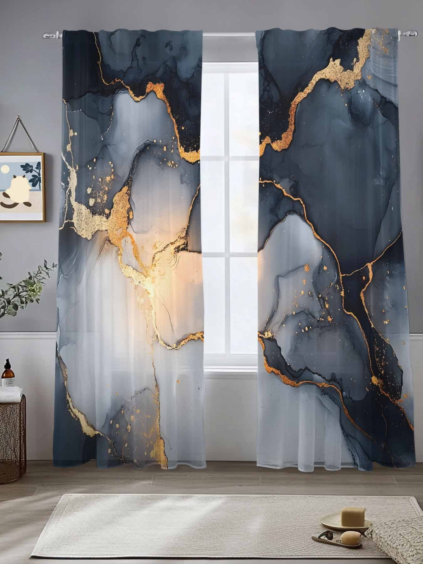Abstract Marble Texture Sheer Curtains 96 Inches Long 2 Panels Gold ...