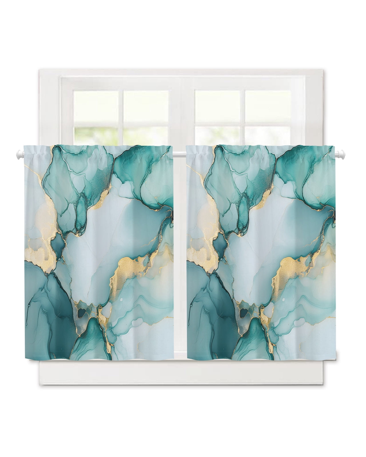 Abstract Marble Texture Short Blackout Curtains 36 Inch Long,Green Gold ...