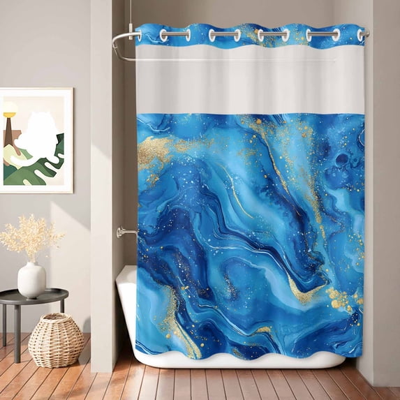 Abstract Marble Texture Shower Curtain, Gold Deep Blue Gradient Art ...