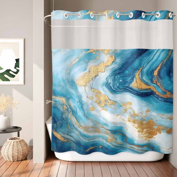 Abstract Marble Texture Shower Curtain, Teal Shinny Gold Gradient Art ...