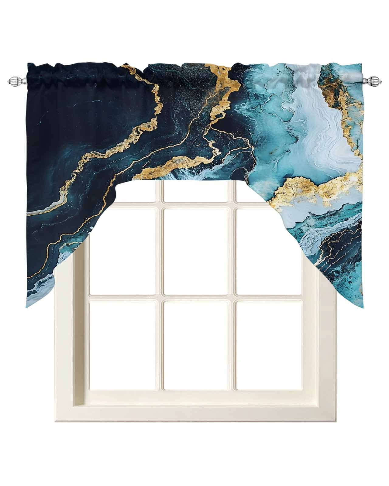 Abstract Marble Texture Swag Valance and Tier Curtains Set Blue Gold ...