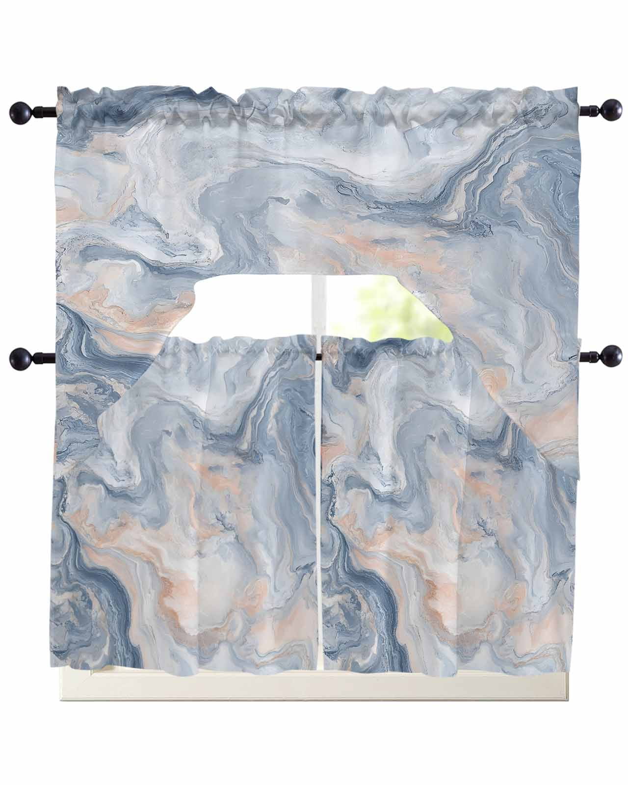 Abstract Marble Texture Swag Valance and Tier Curtains Set Blue Gray ...