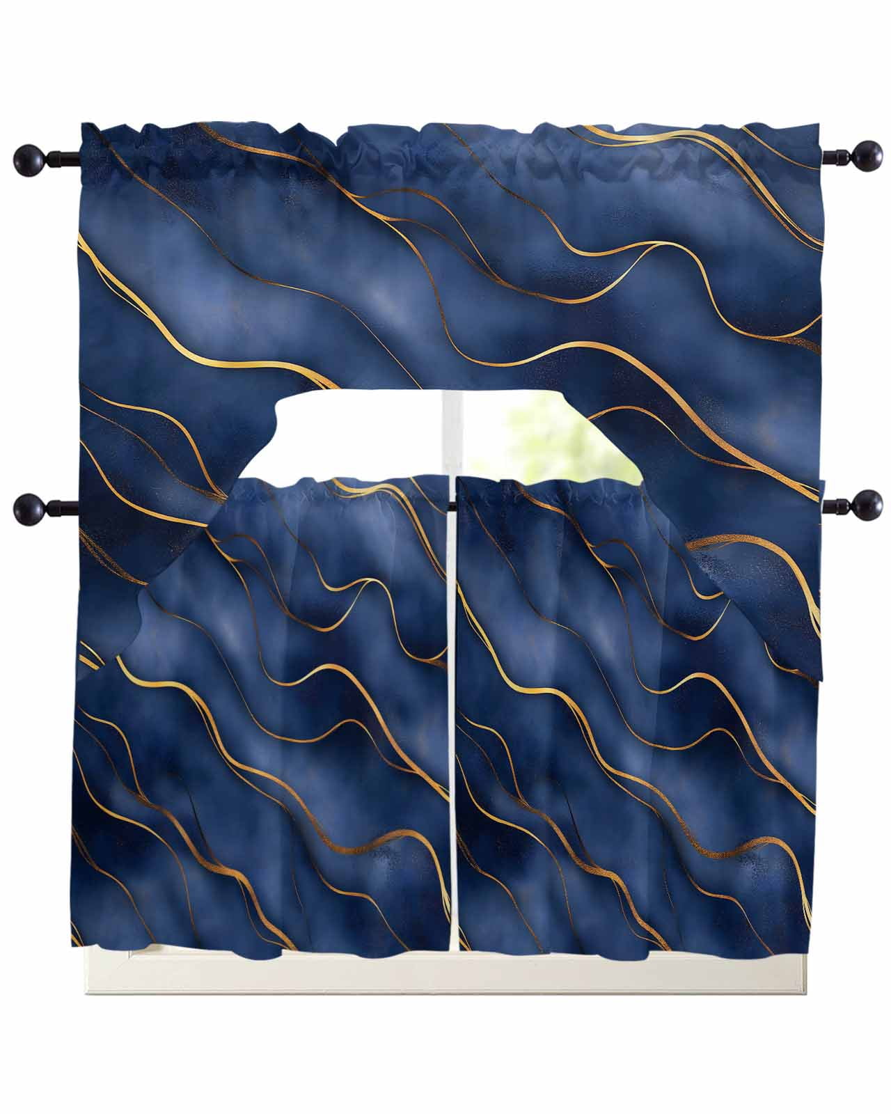 Abstract Marble Texture Swag Valance and Tier Curtains Set Deep Blue ...