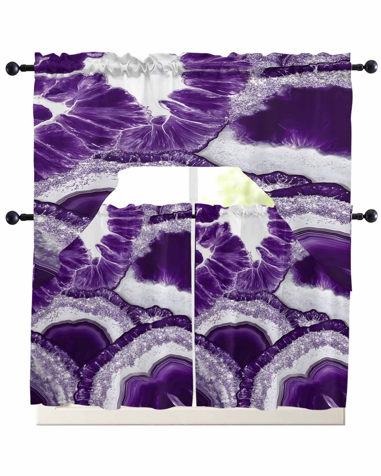 Abstract Marble Texture Swag Valance and Tier Curtains Set White Dark ...