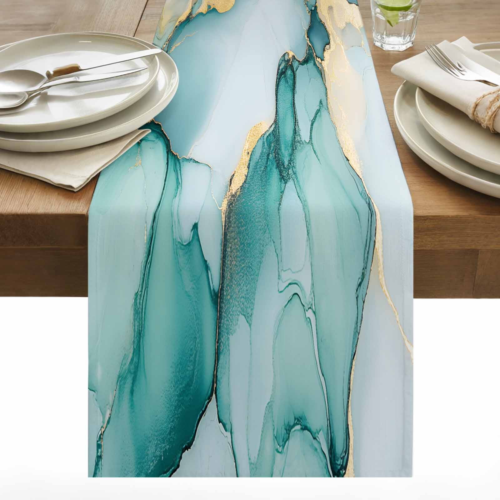Abstract Marble Texture Table Runner 13x108 inch Gold Teal Gradient Art ...