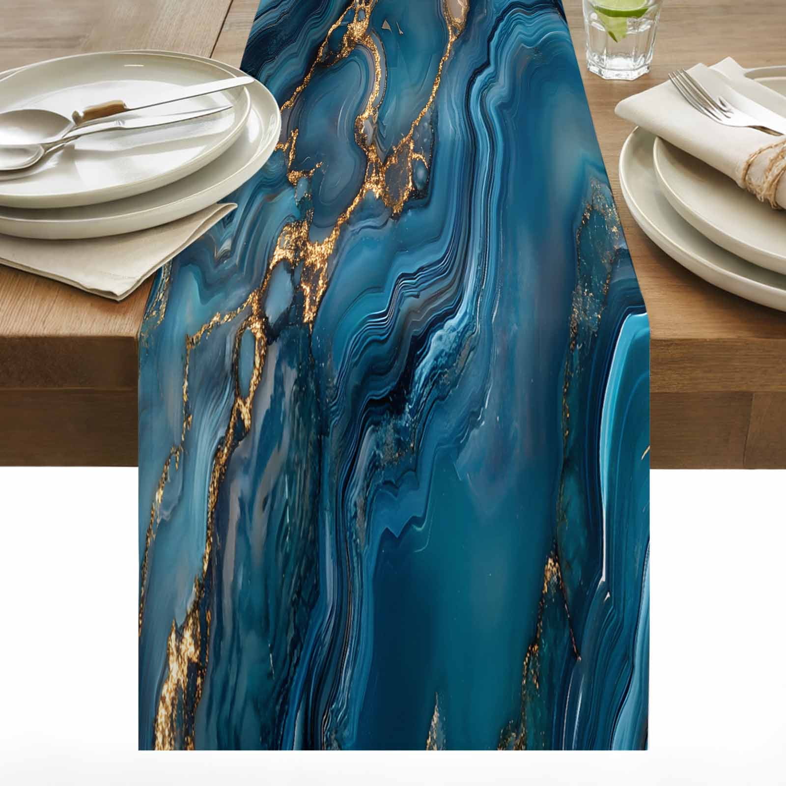 Abstract Marble Texture Table Runner 13x108 inch Gradient Deep Blue ...