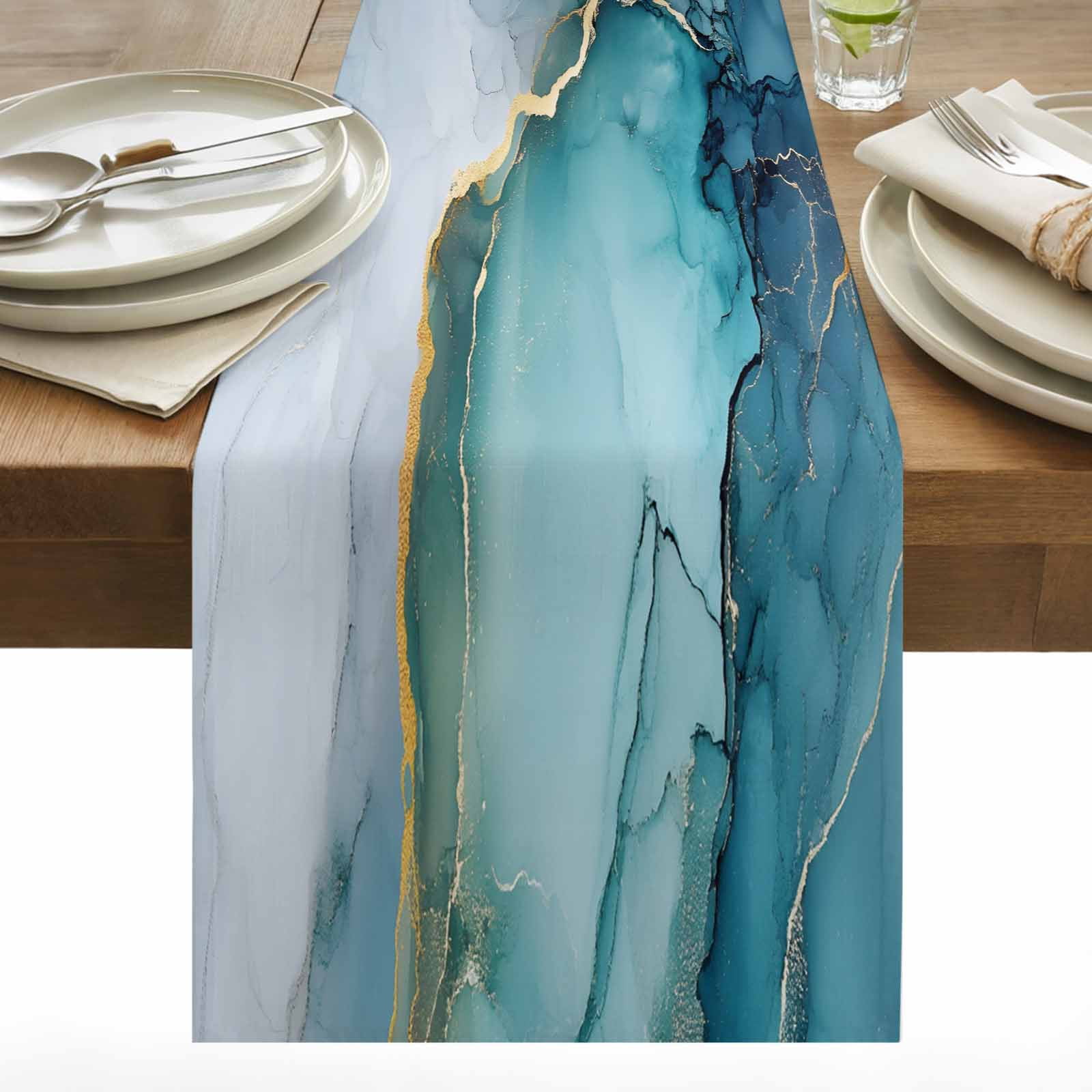 Abstract Marble Texture Table Runner 13x108 inch Teal Blue Gradient Art ...