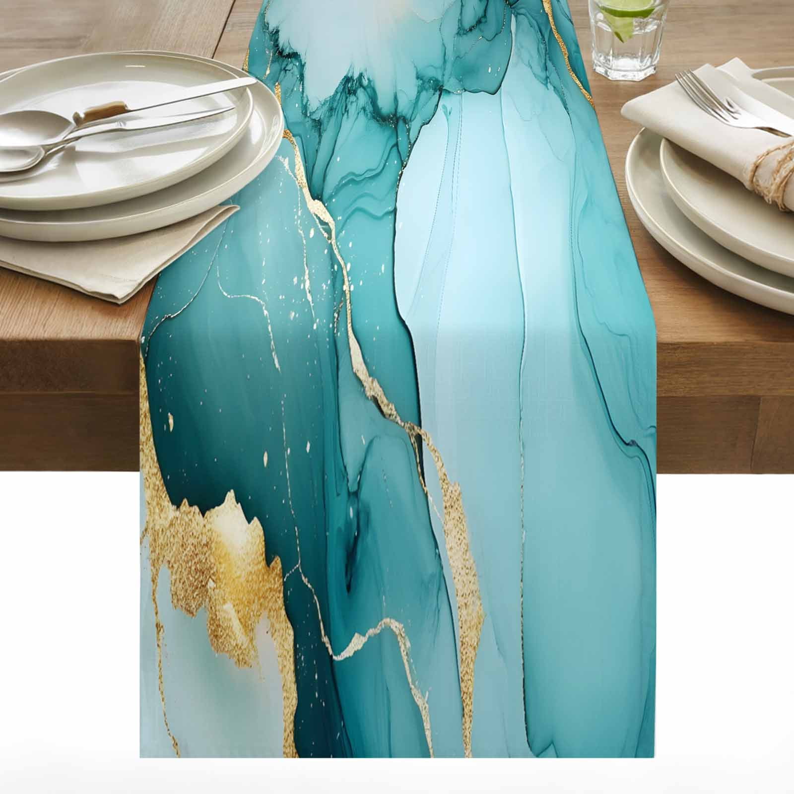 Abstract Marble Texture Table Runner 13x108 inch Teal Gold Gradient Art ...