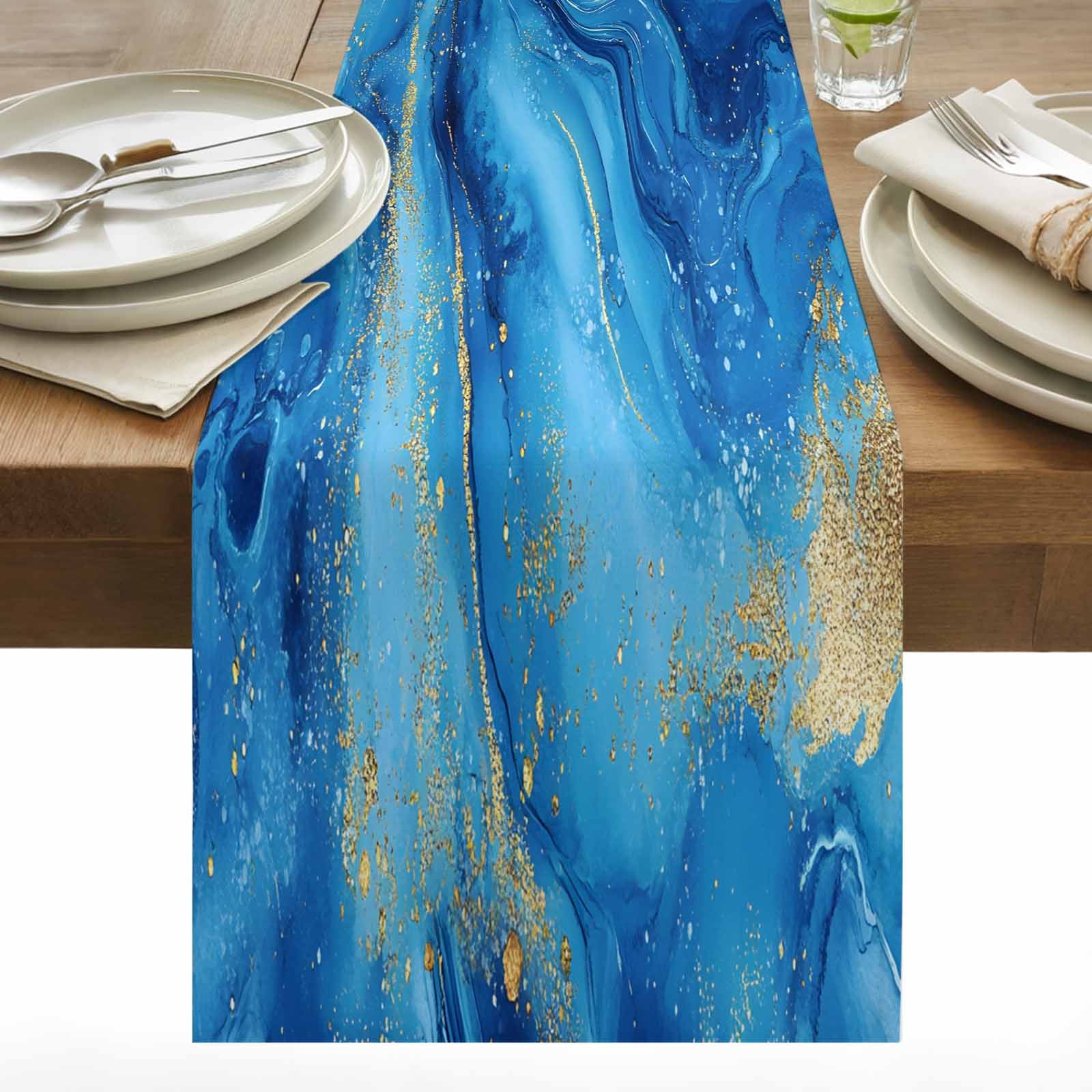 Abstract Marble Texture Table Runner 13x120 inch Gold Deep Blue ...