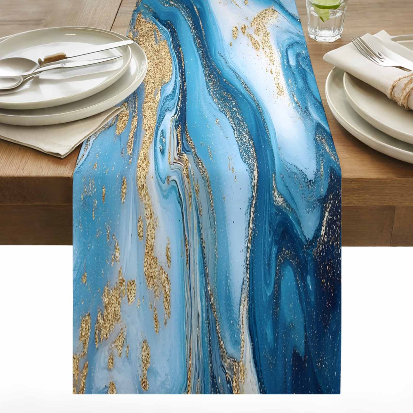 Abstract Marble Texture Table Runner 13x36 inch Blue Shinny Gold White ...