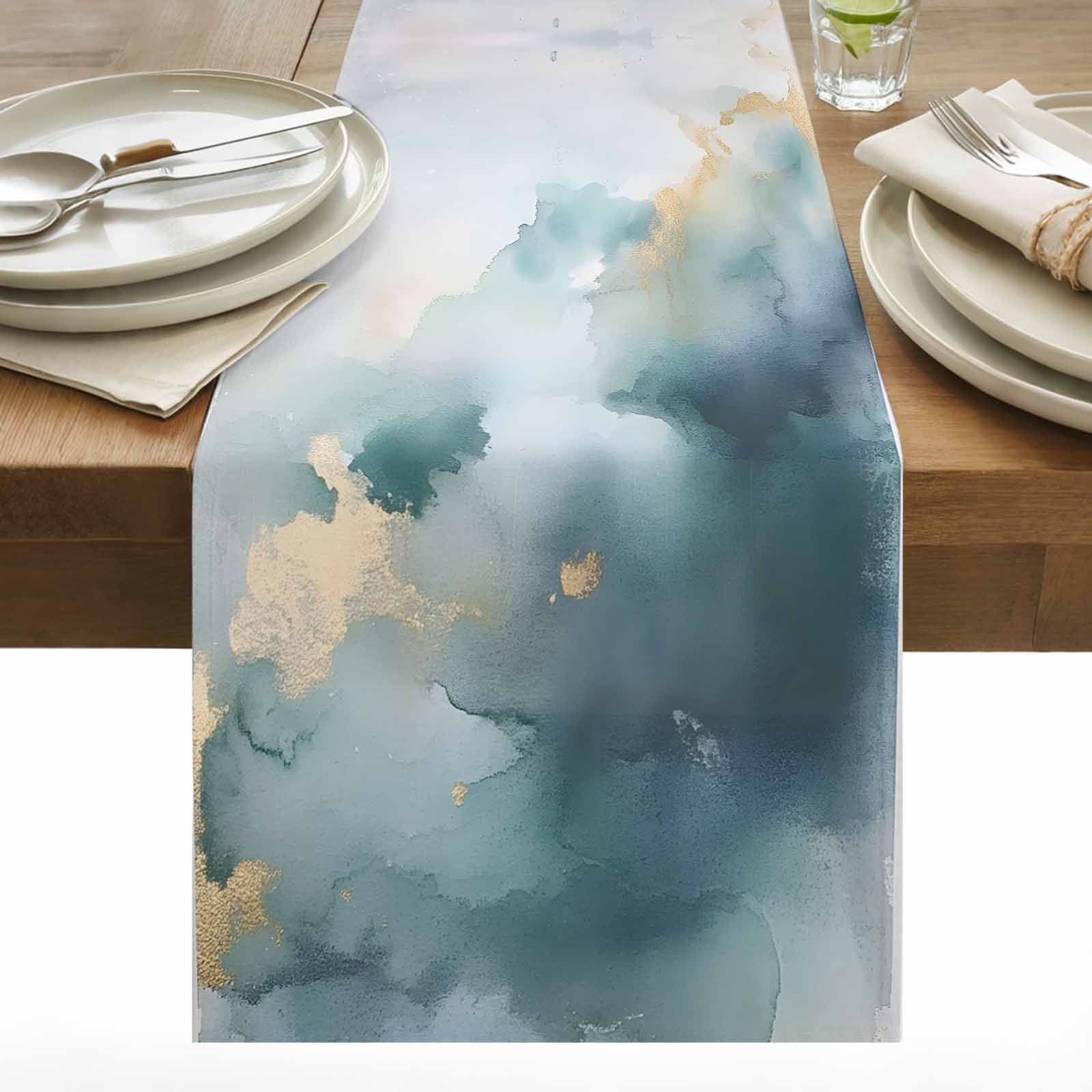Abstract Marble Texture Table Runner 13x36 inch Green Golden Graffiti ...