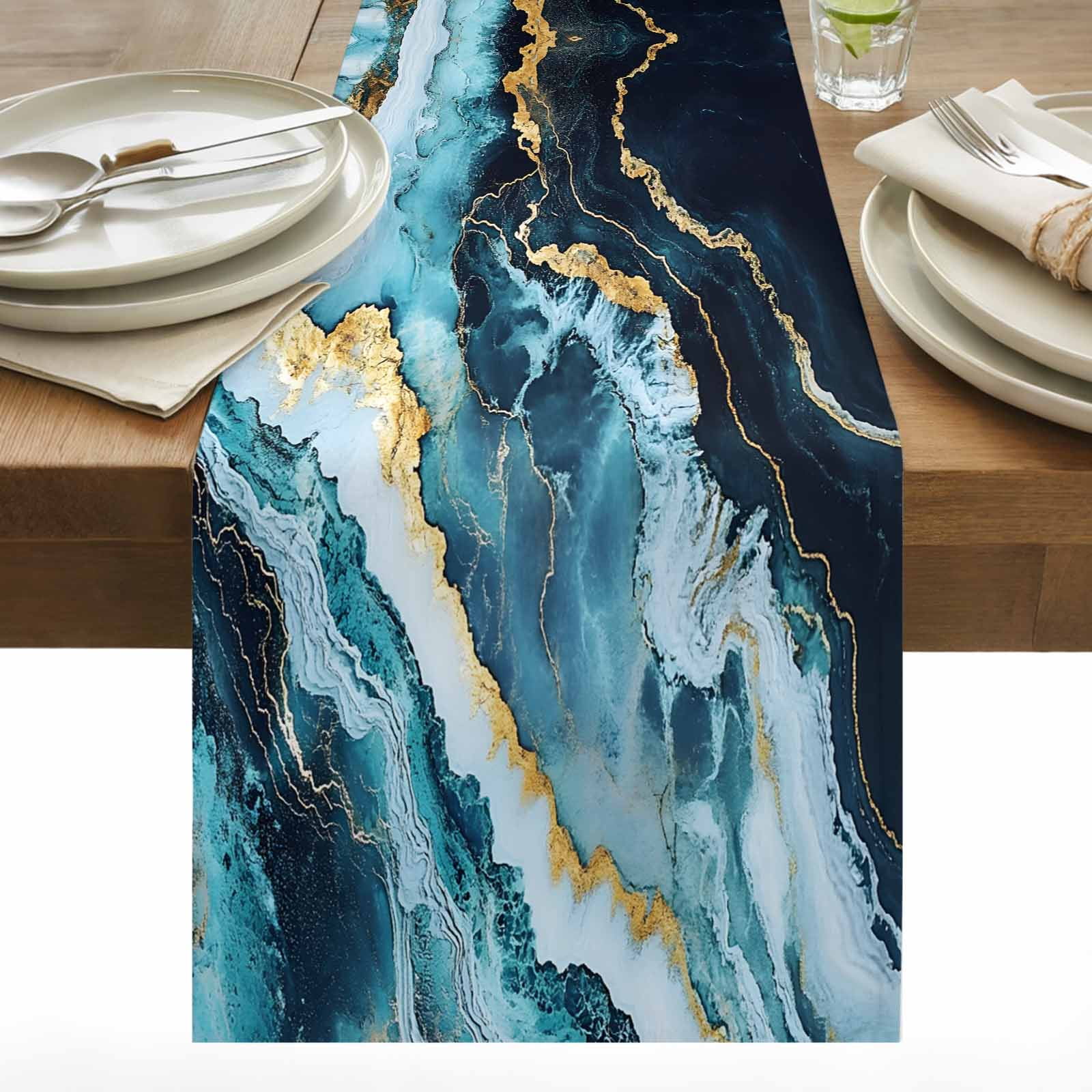 Abstract Marble Texture Table Runner 13x48 inch Blue Gold Modern Art ...