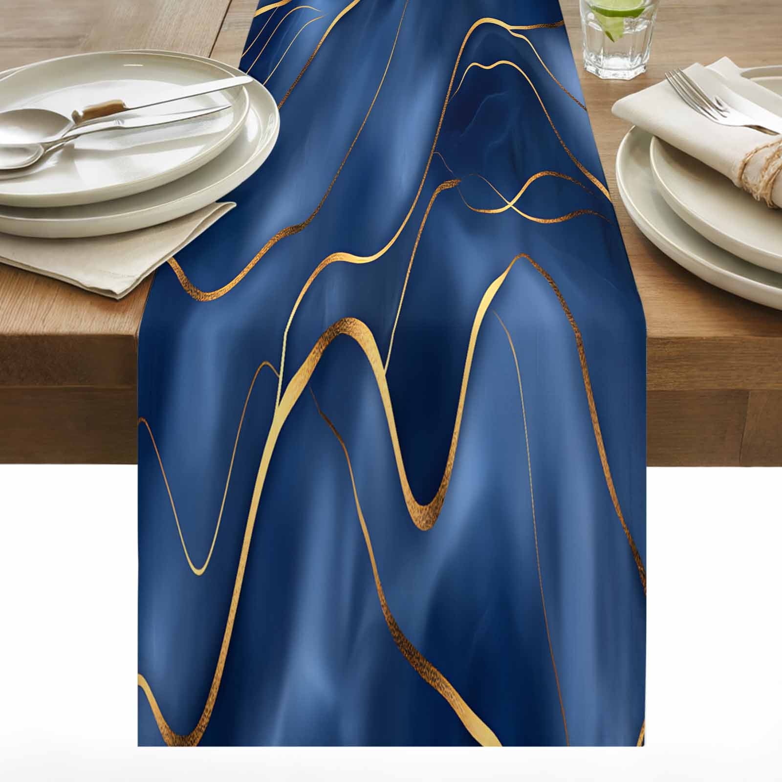 Abstract Marble Texture Table Runner 13x48 inch Blue Gold Wave Art ...