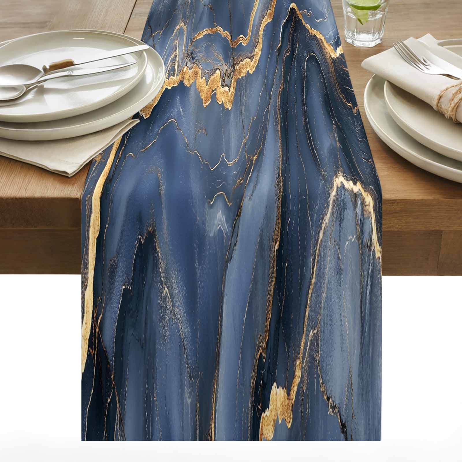 Abstract Marble Texture Table Runner 13x48 inch Blue Gradient Gold Wave ...