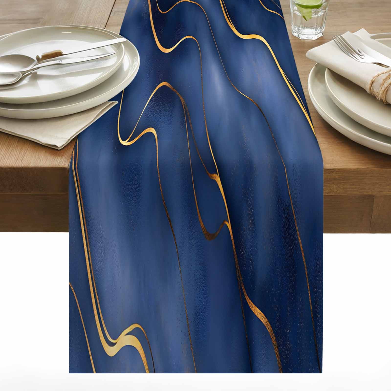 Abstract Marble Texture Table Runner 13x48 inch Deep Blue Gold Wave Art ...