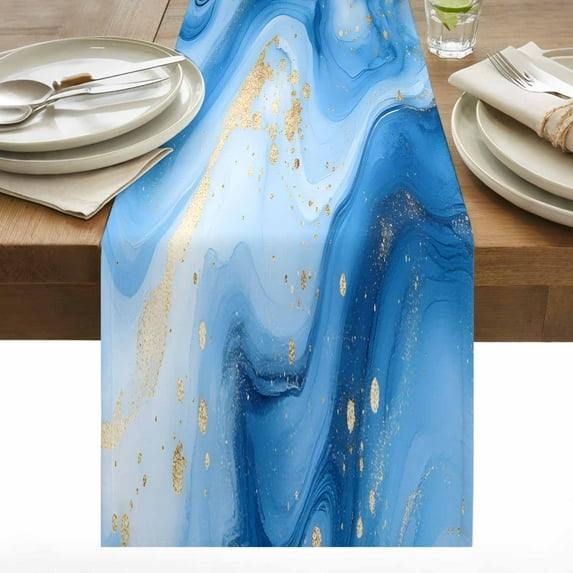 Abstract Marble Texture Table Runner 13x48 inch Gold Blue Gradient Art ...