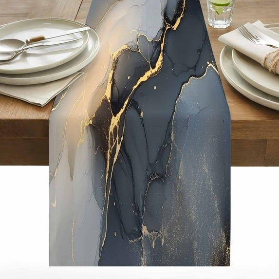 Abstract Marble Texture Table Runner 13x48 inch Grey Shinny Gold ...