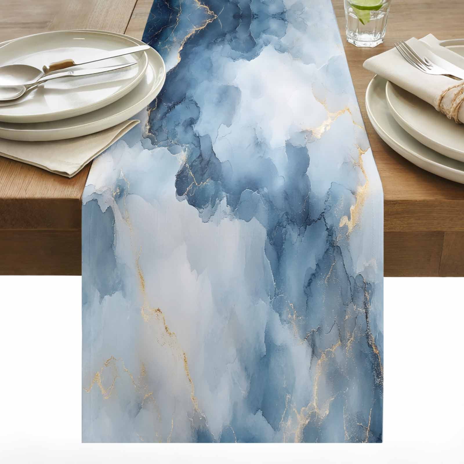 Abstract Marble Texture Table Runner 13x48 inch Navy Blue Gradient Gold ...